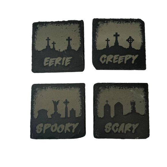 Dining | Halloween Slate Coasters Set Of 4 Square Eerie Creepy Spooky ...